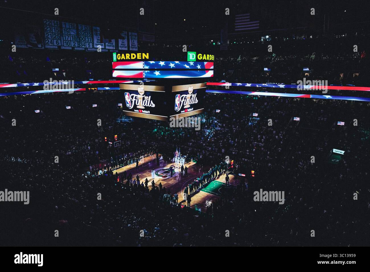 Opening ceremony during the 2022 NBA Finals at TD Garden, with teams ...