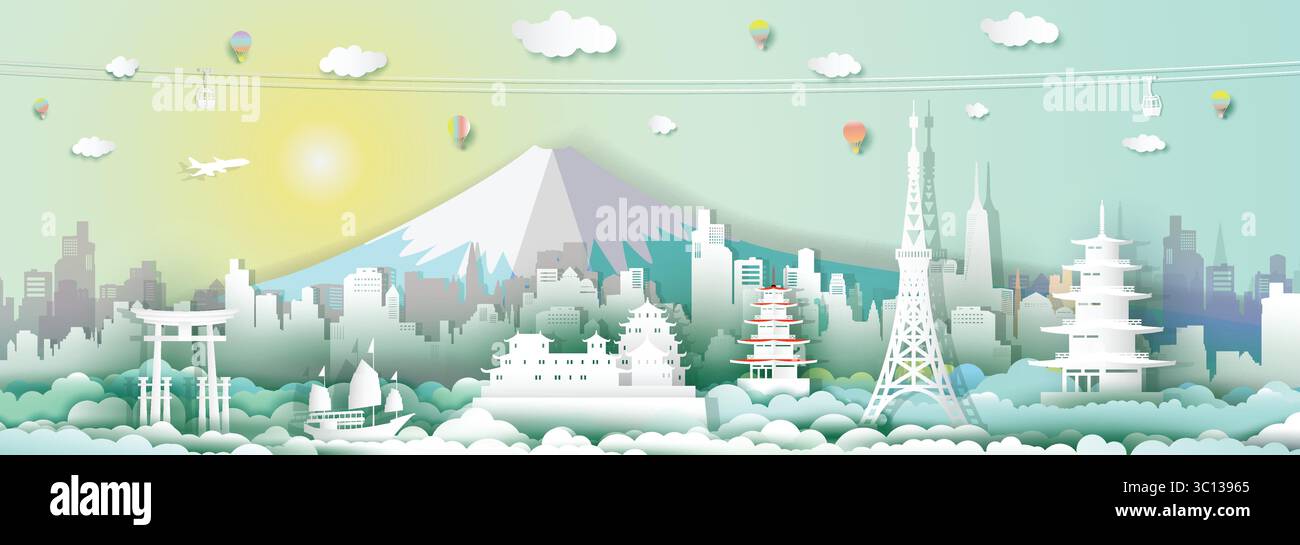 Travel Japan landmarks by cable car, balloon and airplane with panorama ...