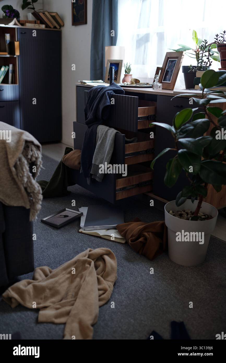 Messy Room Showing Open Drawers and Scattered Clothes on Floor Stock ...