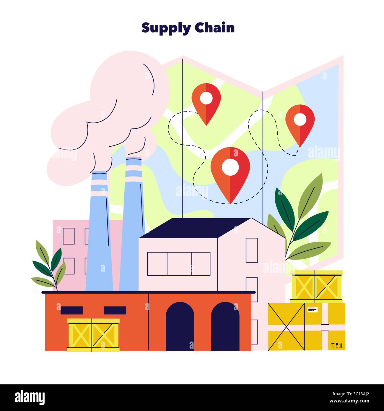 Vector illustration depicting a supply chain concept with a factory ...