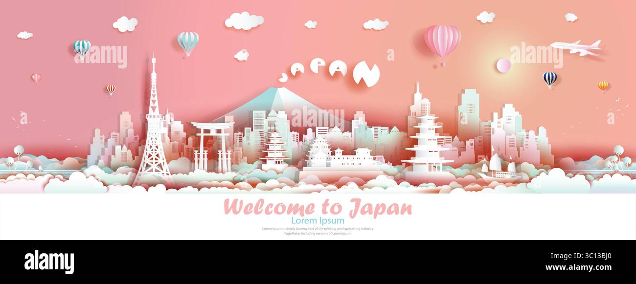 Vector illustration tour Japan architecture famous landmarks of asian ...