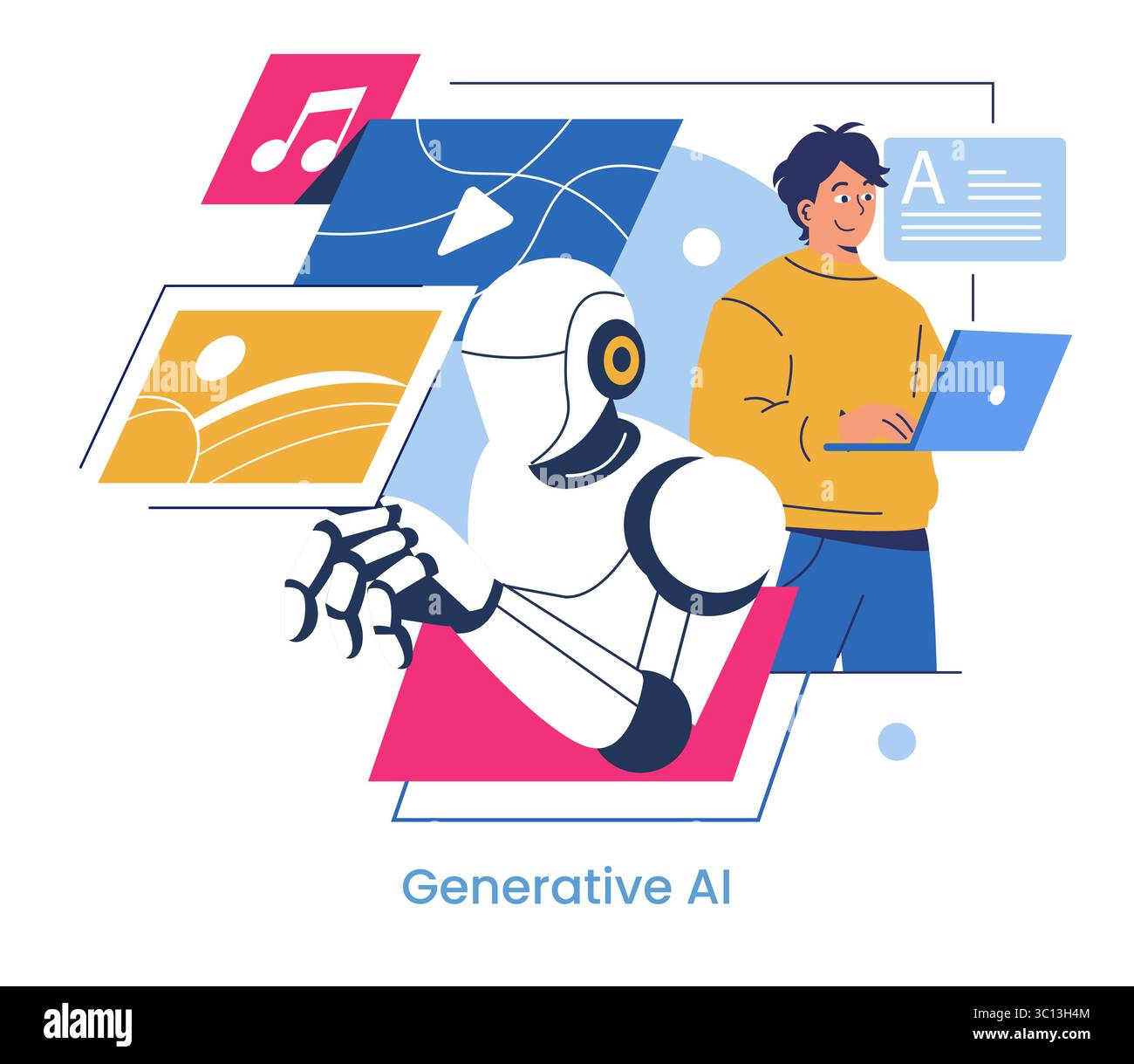 Vector illustration depicting a human interacting with generative AI technology. The scene ...
