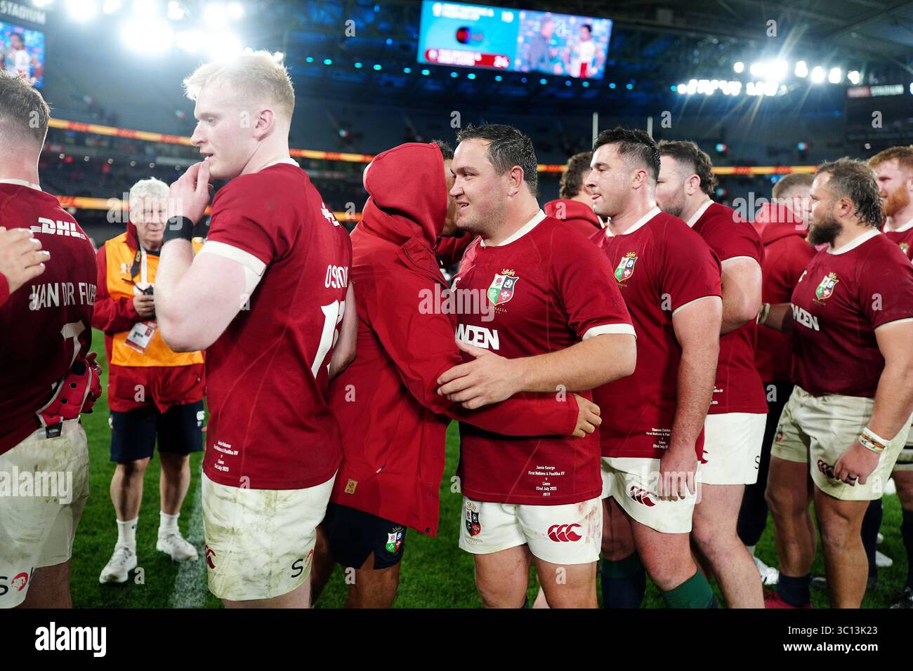 British and Irish Lions' Jamie George (centre) and team-mates after the ...