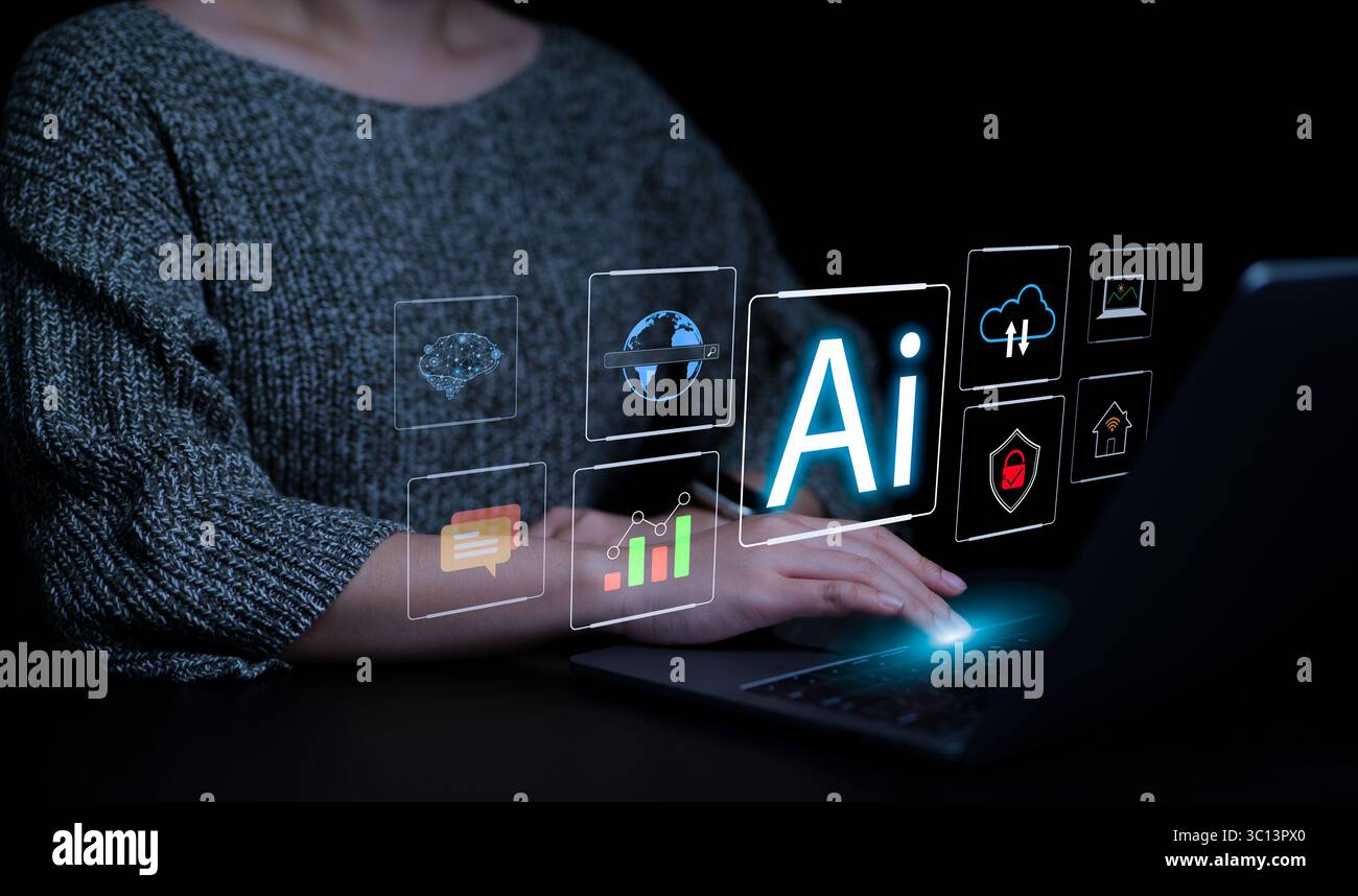 AI technology concept. Woman use AI to help work or use AI everyday ...