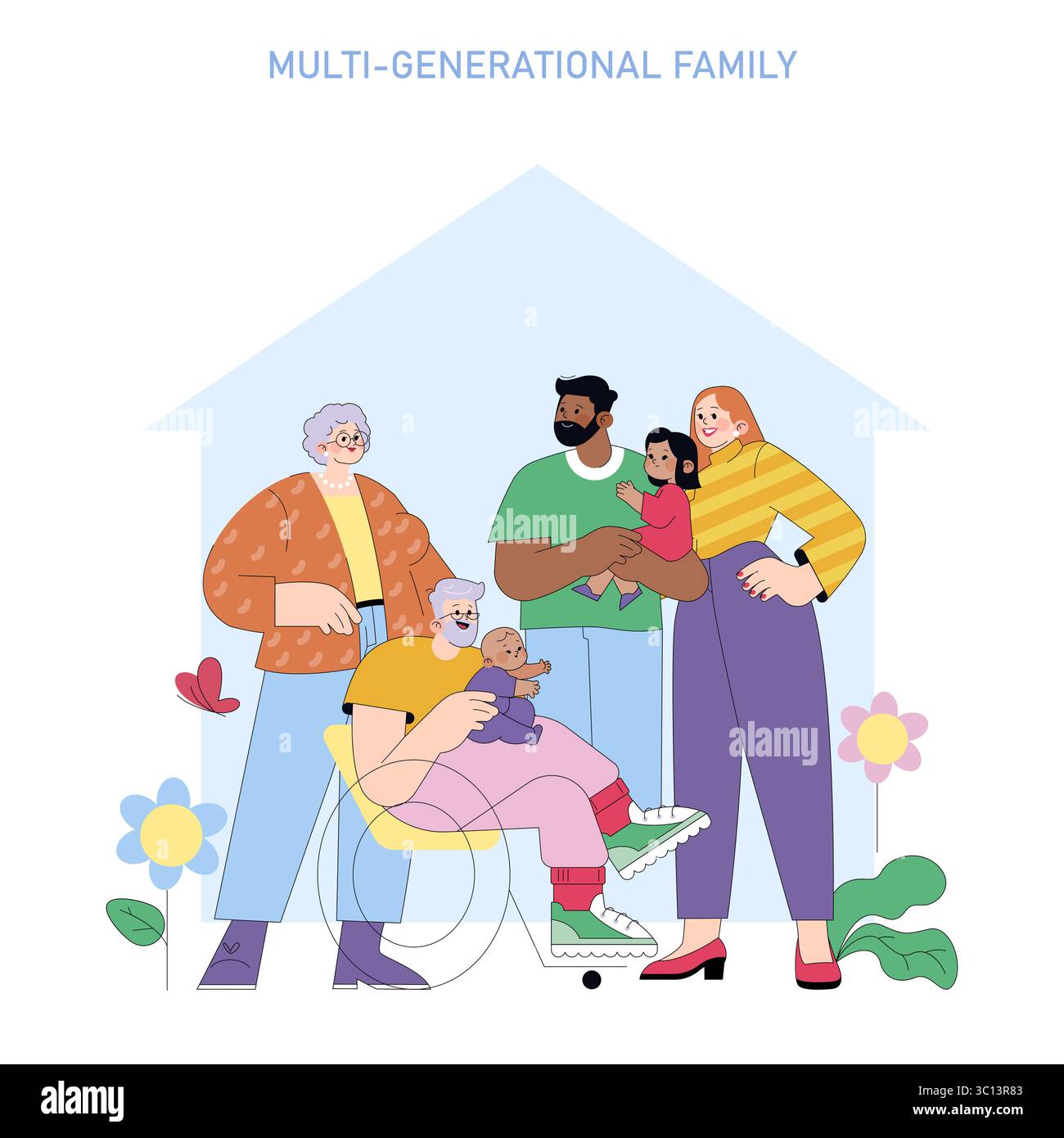 Vector illustration depicting a multi-generational family gathered ...