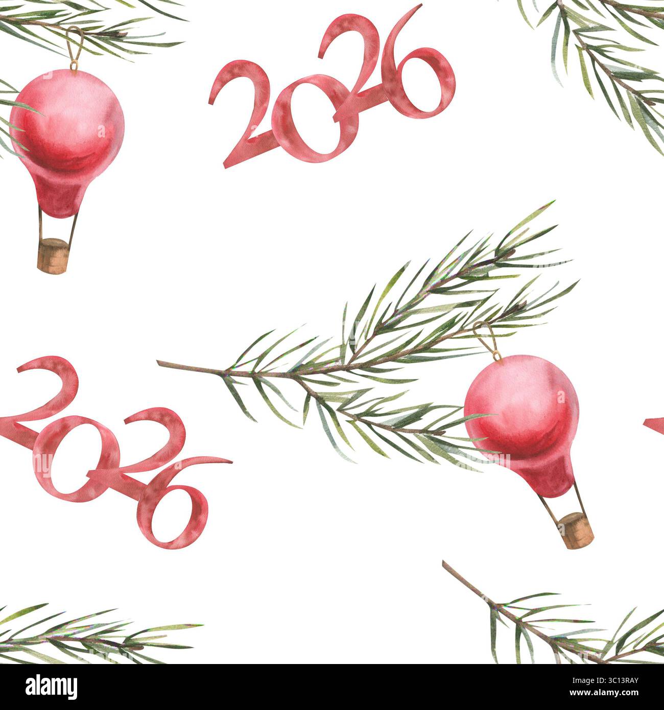 Christmas and New year festive watercolor seamless pattern with green ...