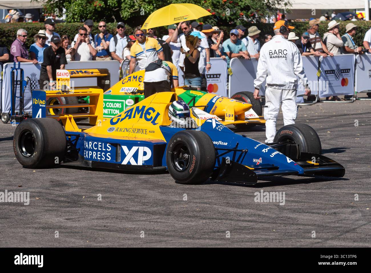 Tyrrell 018 Formula 1 racing car in assembly area before driving up the ...