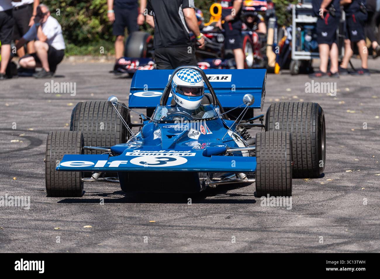 Tyrrell 001 Formula 1 racing car in assembly area before driving up the ...