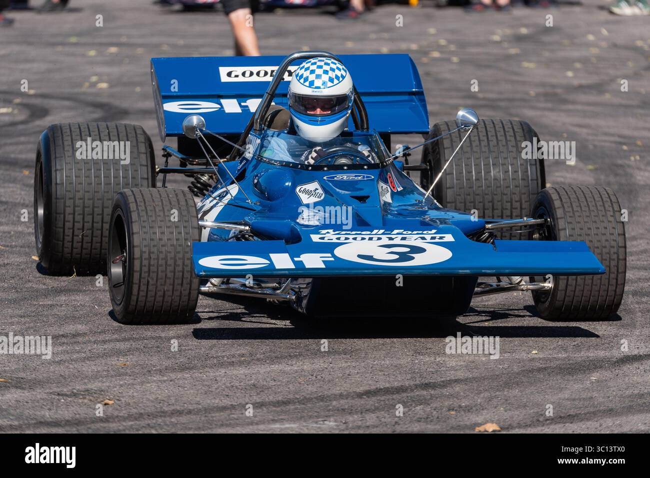 Tyrrell 001 Formula 1 racing car in assembly area before driving up the ...
