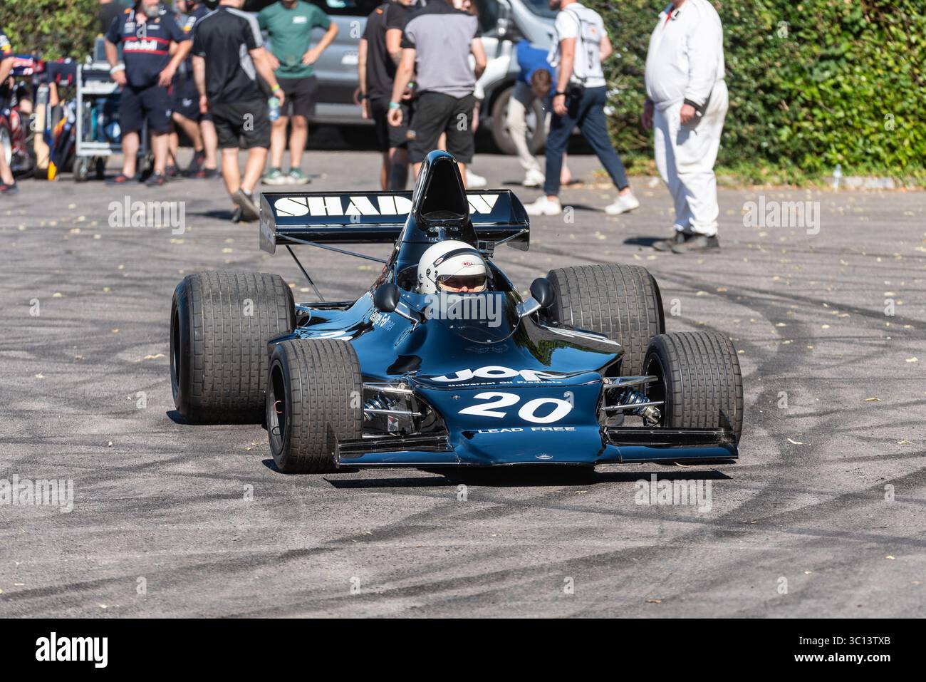Shadow DN1 Formula 1 racing car in assembly area before driving up the ...
