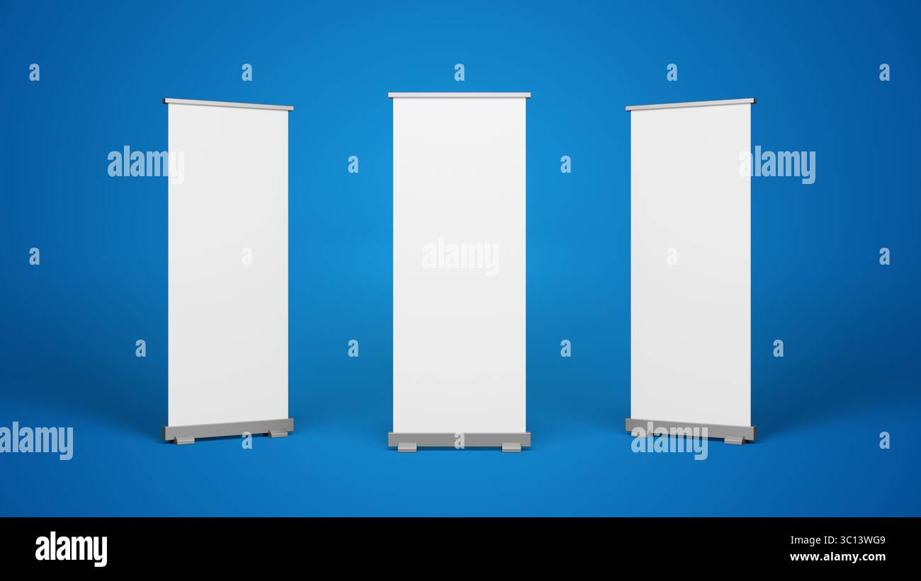 Blank roll-up banner stand mockup on blue background. Pull-up roller ...