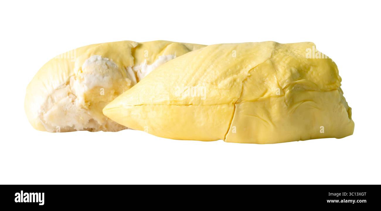 Yellow pulp of ripe durian fruit in stack without peel is isolated on ...