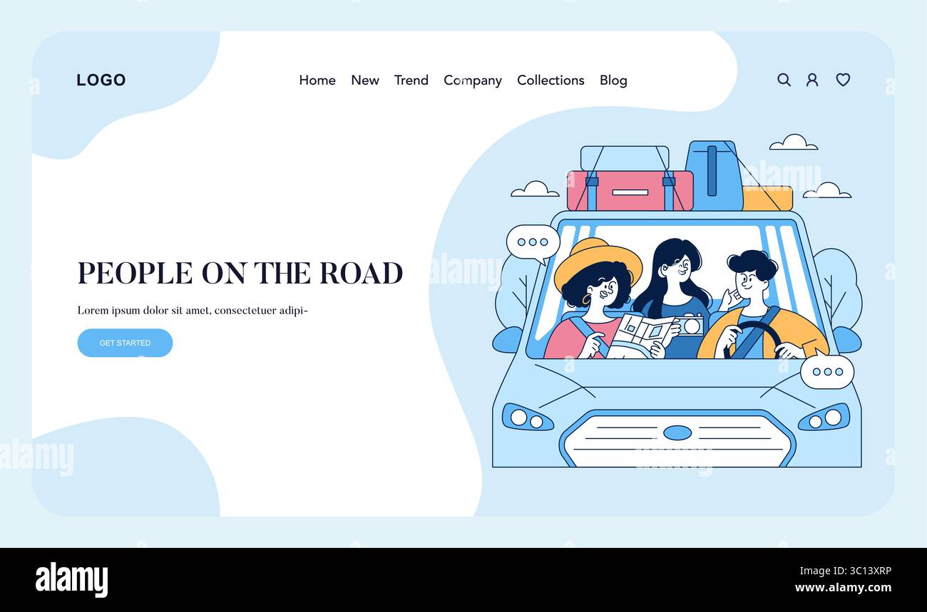 Family road trip illustration. A joyful cartoon family traveling by car ...