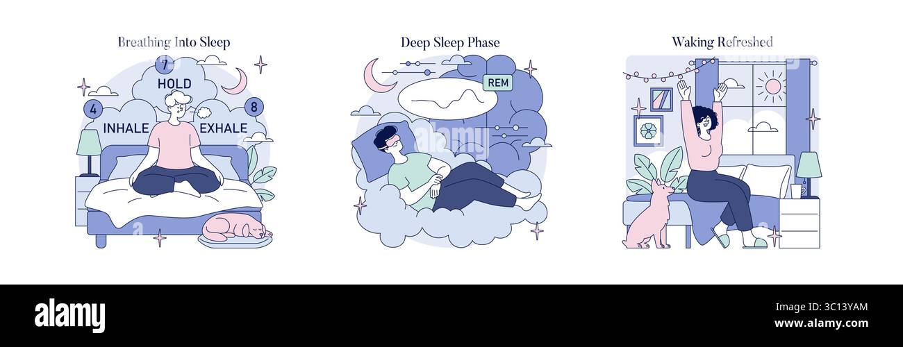 Vector illustration depicting a sleep cycle. Includes guided breathing ...