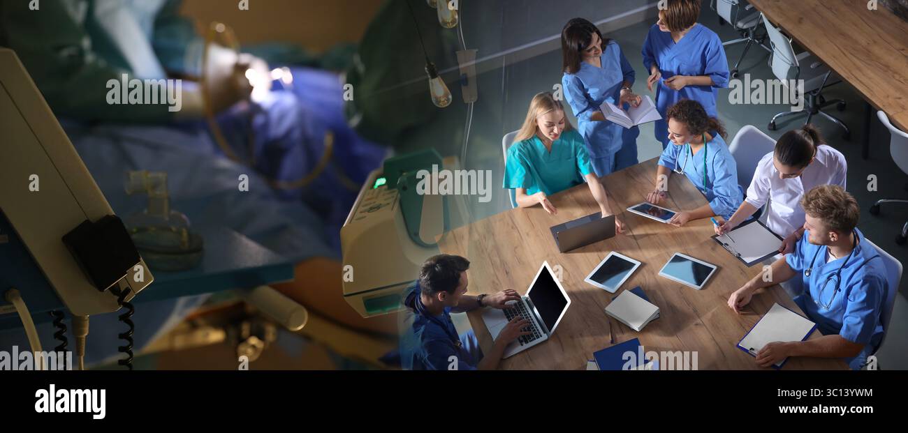 Group of doctors and surgery room, double exposure. Banner design Stock ...