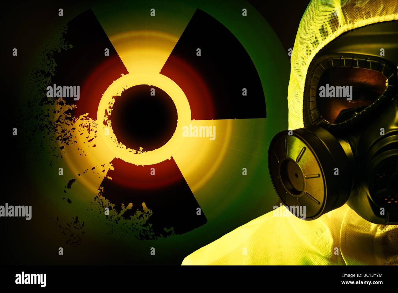 Man wearing hazmat suit and gas mask on dark background. Glowing ...
