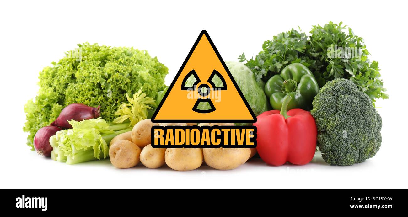 Fresh vegetables and radioactive sign on white background ...