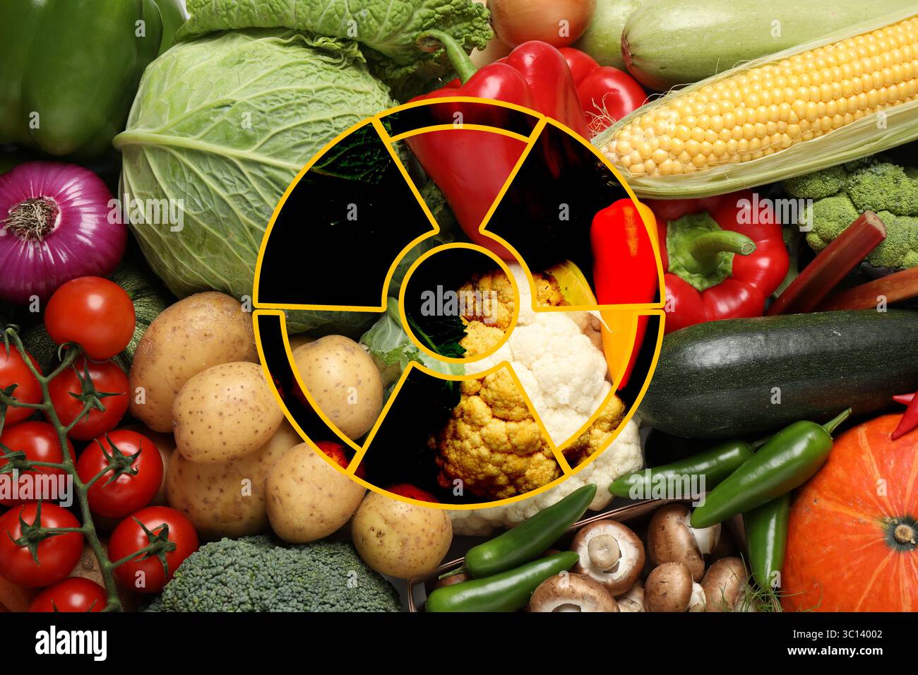 Fresh vegetables and radioactive sign. Environmental contamination ...