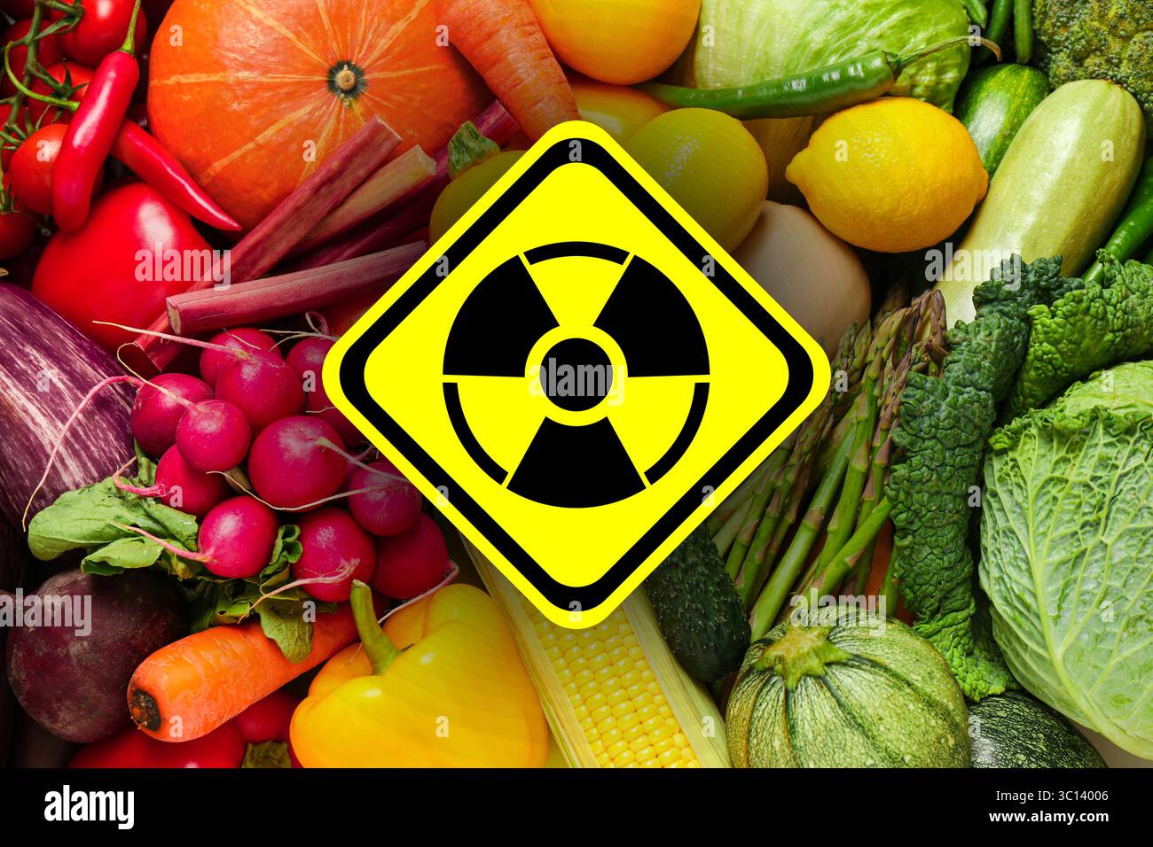 Fresh vegetables and radioactive sign. Environmental contamination ...