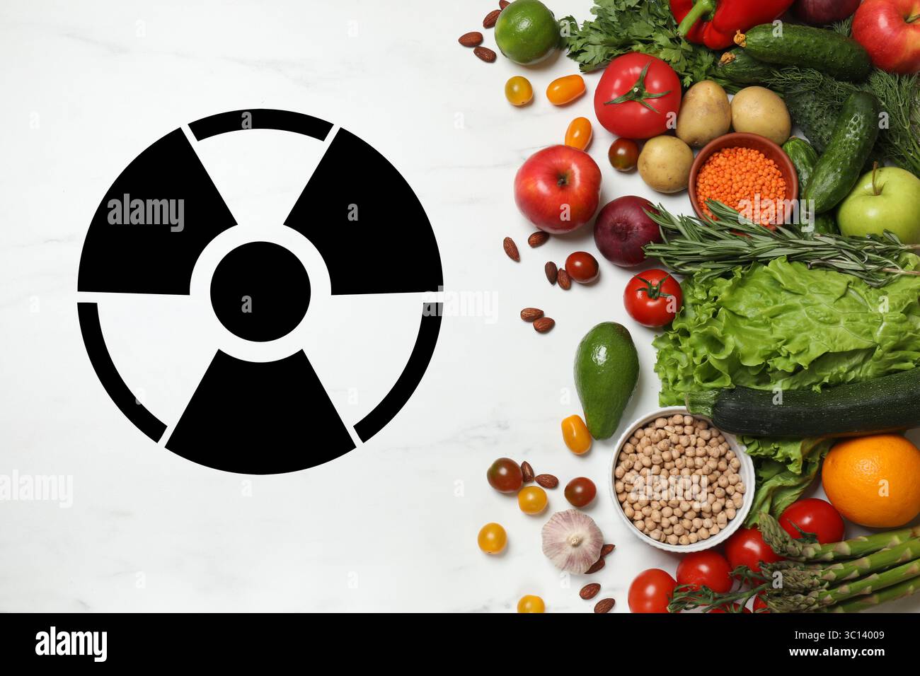 Fresh vegetables, fruits and legumes on white marble table and ...