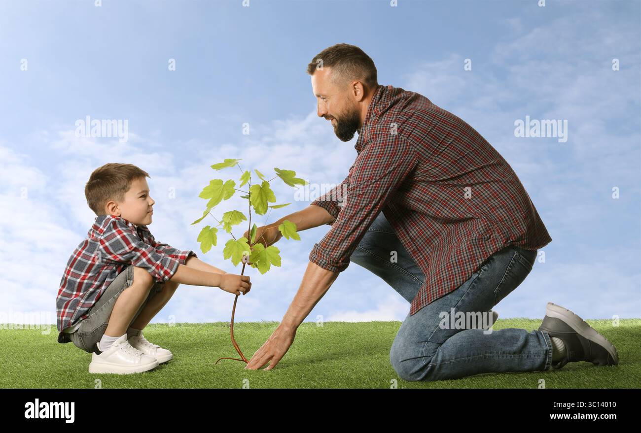 Father and his son planting tree into ground outdoors Stock Photo - Alamy