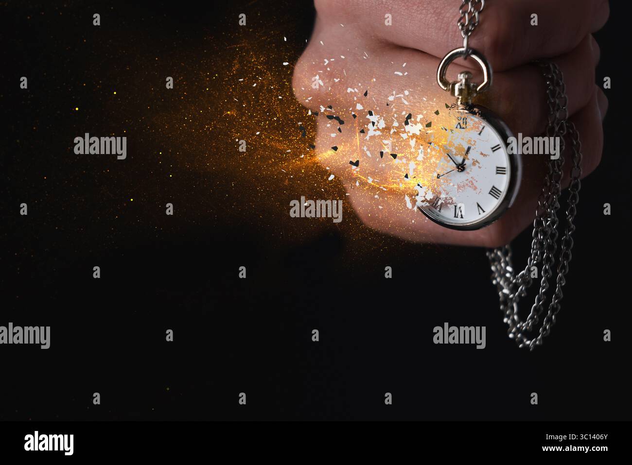 Time running out. Pocket watch dissolving in man's hand against black ...