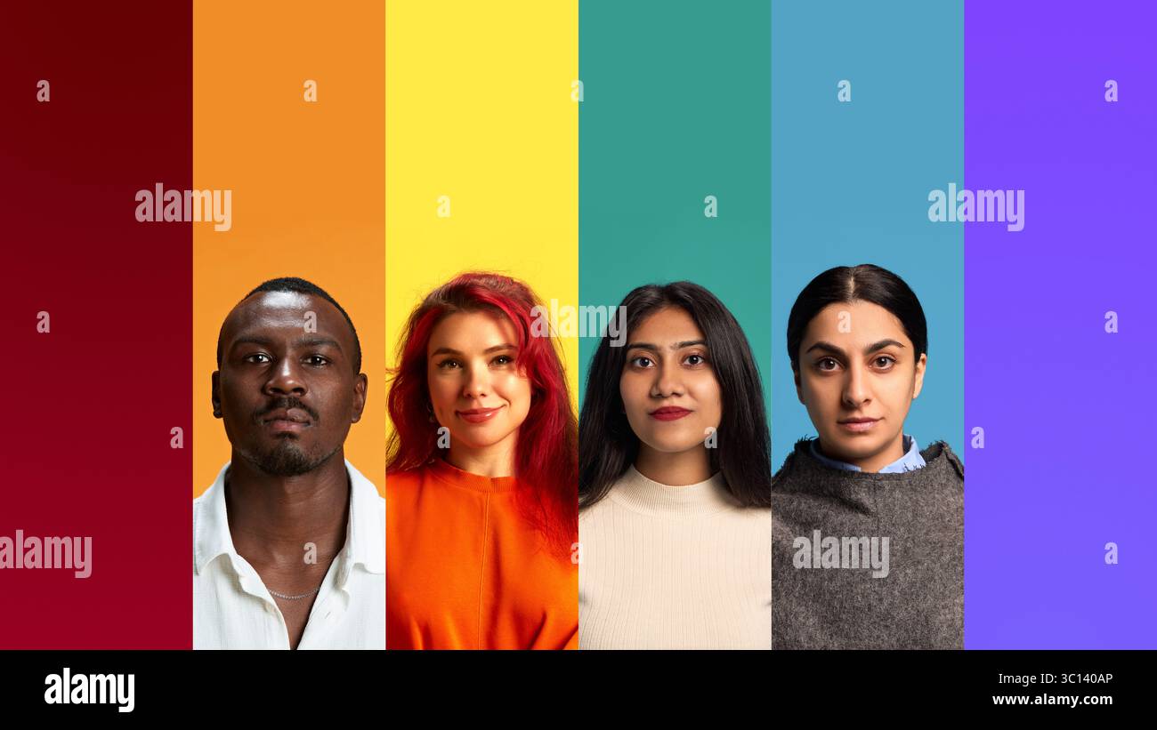 Portrait lineup of four diverse people facing camera with color-coded ...