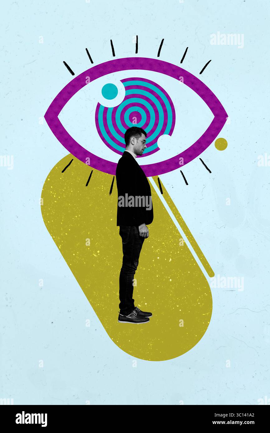 Collage of person standing under symbolic eye representing control ...