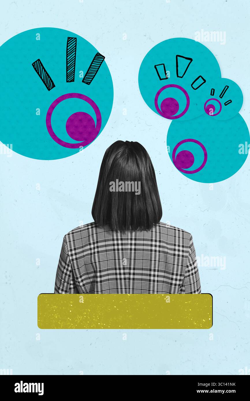 Collage of person standing under symbolic eye representing control ...
