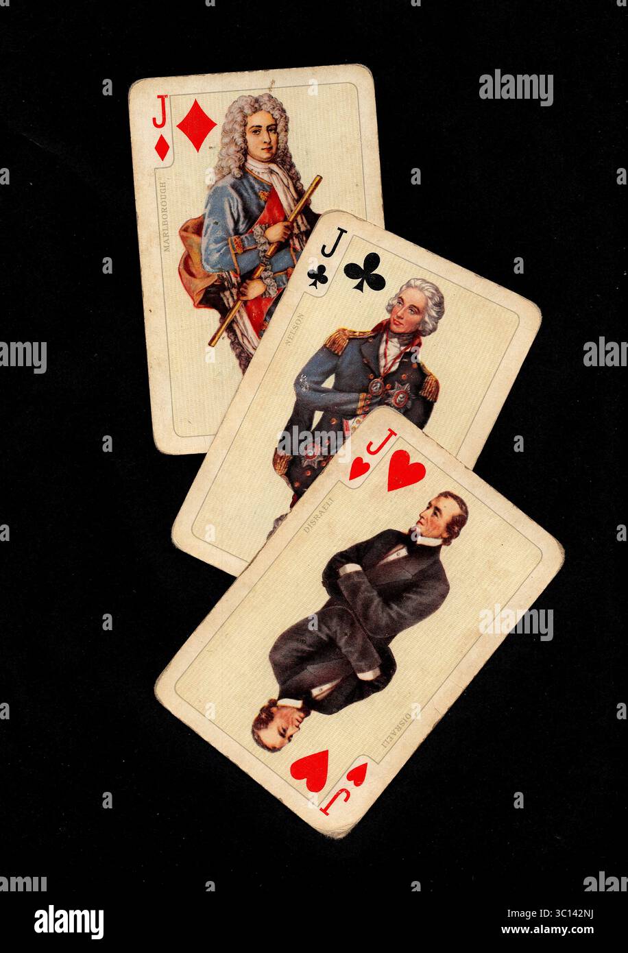 A hand of antique playing cards showing portraits of famous historical ...