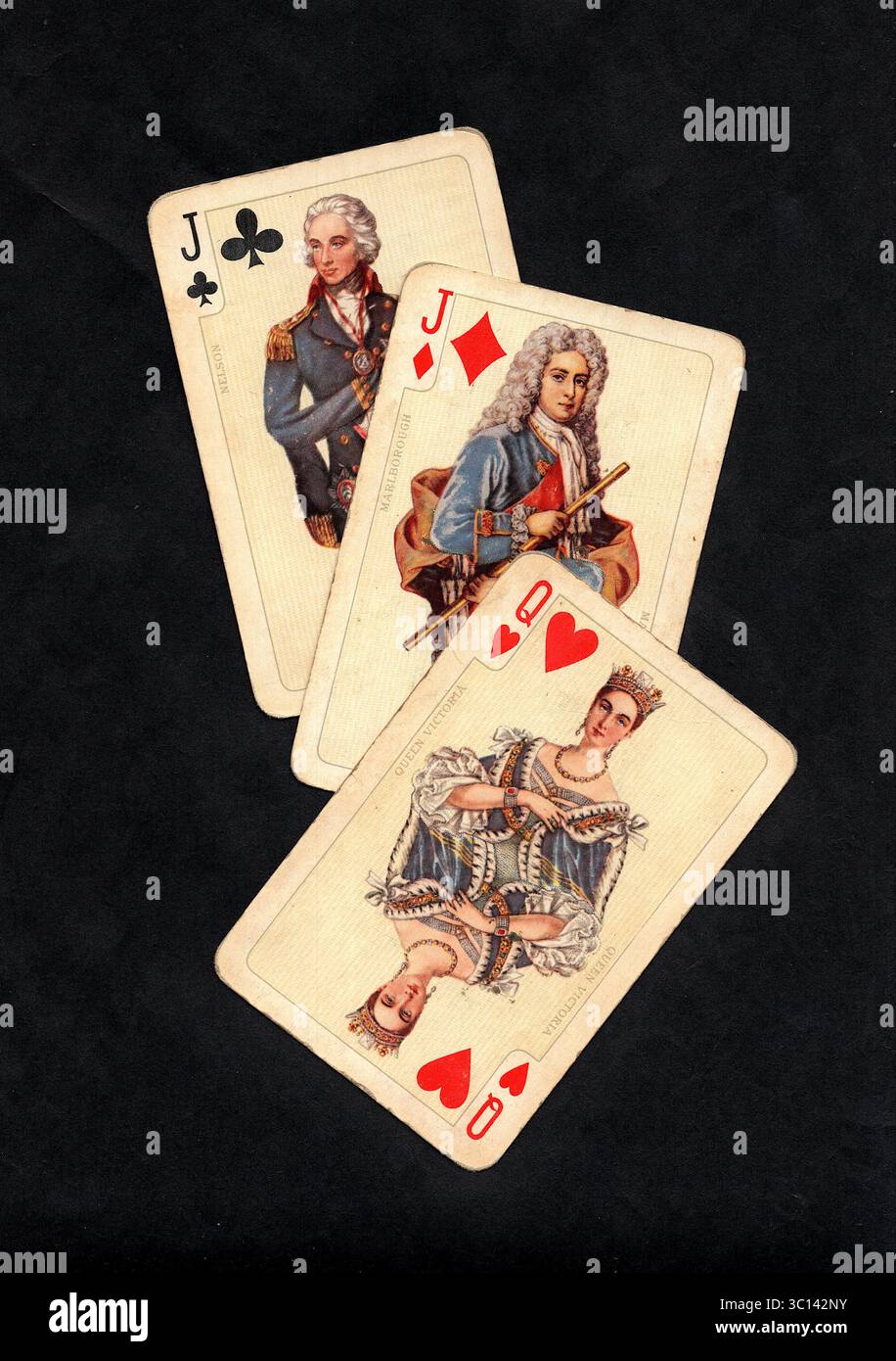 A hand of antique playing cards showing portraits of famous historical ...