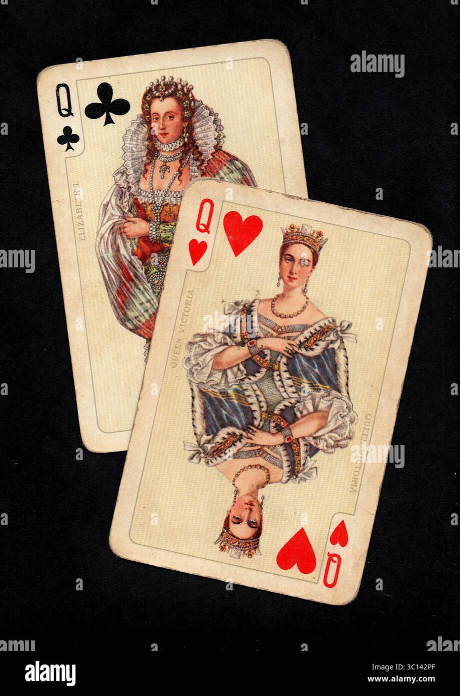 A pair of antique playing cards showing portraits of famous historical ...