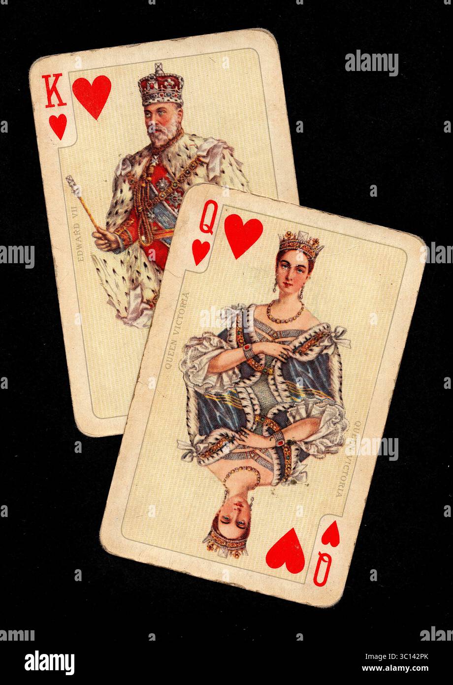 A pair of antique playing cards showing portraits of famous historical ...