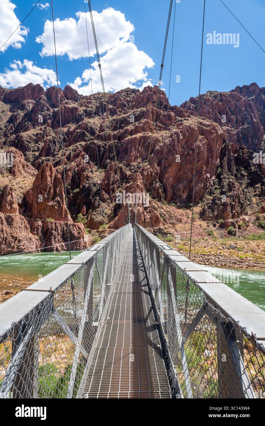 Vertical View of Bright Angel Trail Bridge with Sky Rock and River ...