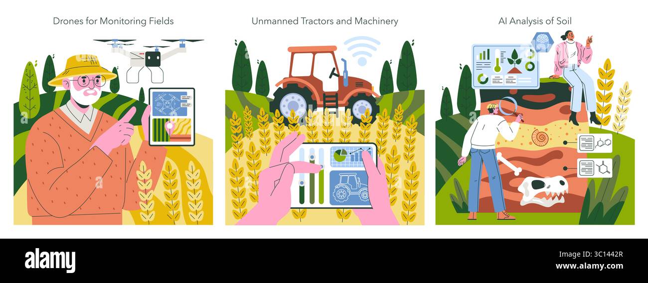 Vector illustration depicting advanced farming technologies including ...