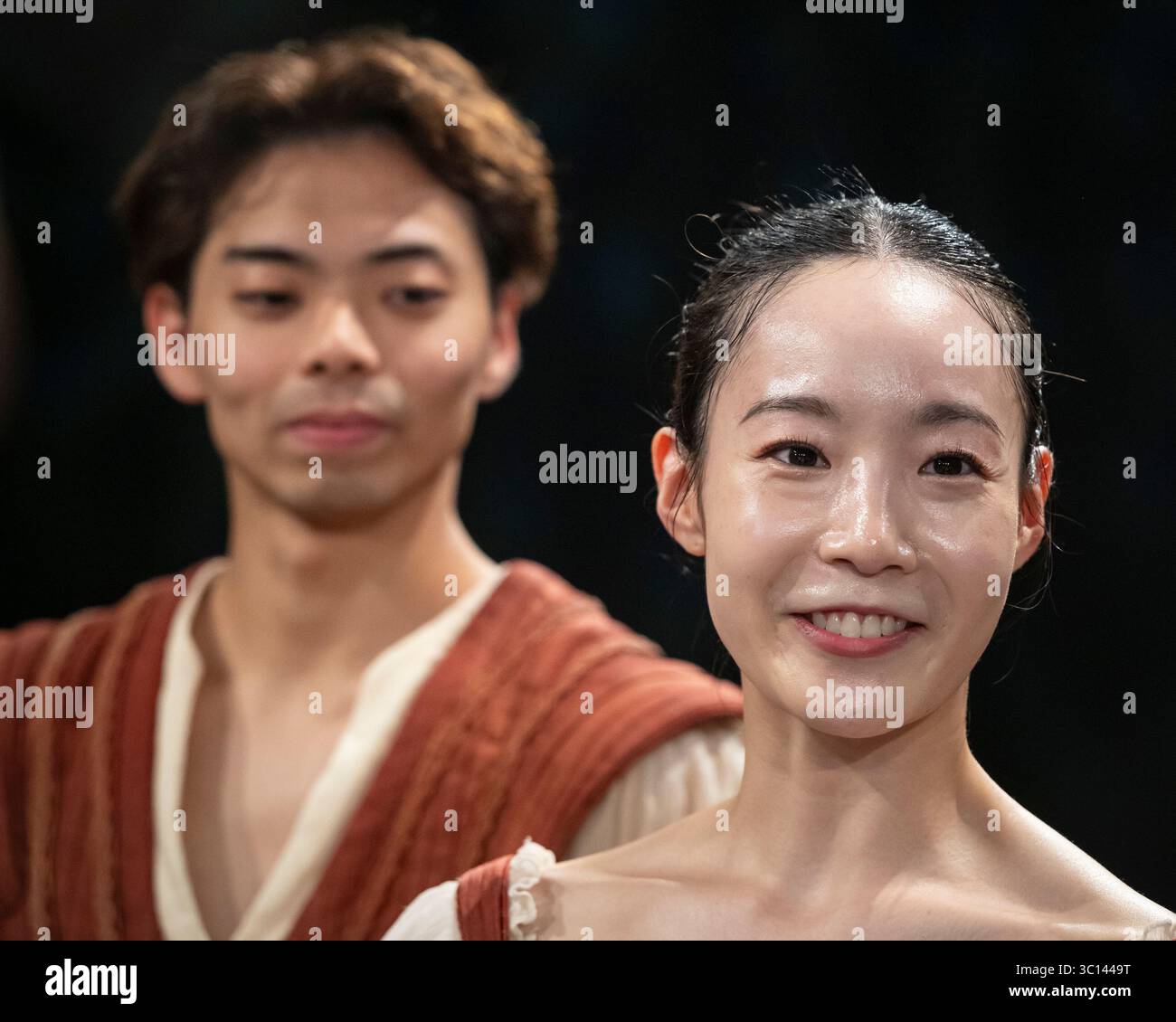 London, UK. 22 July 2025. (L) Shunsuke Mizui and Risako Ikeda at an interview after a photocall ...