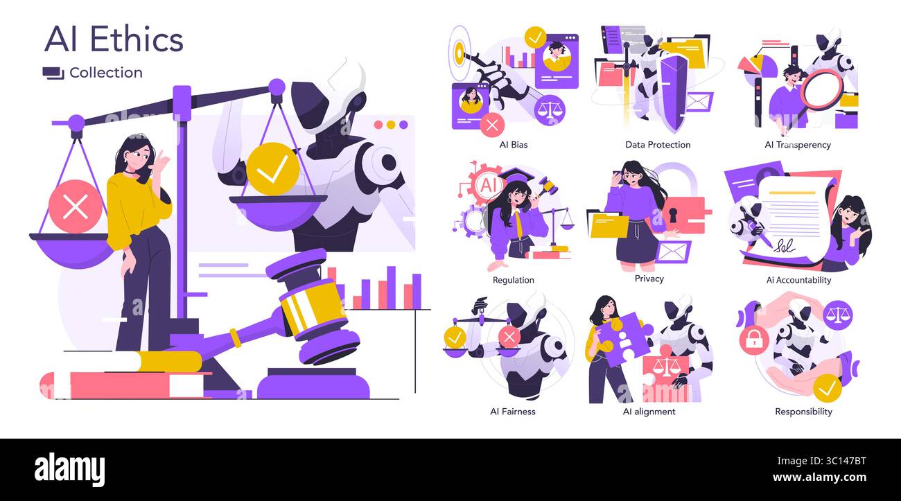Vector illustration set depicting AI ethics concepts like bias ...