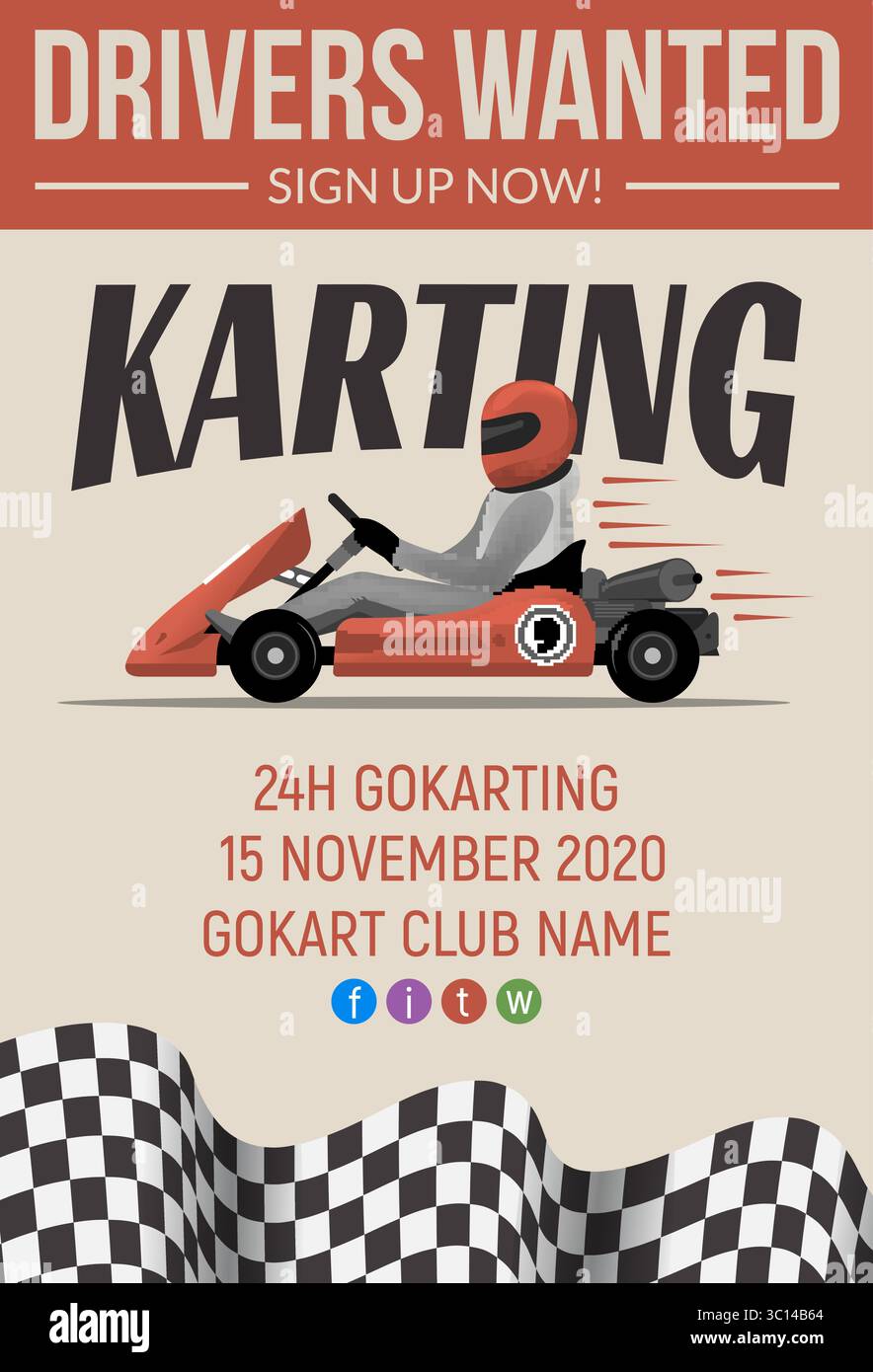 Go kart racing event poster with driver in helmet, red kart, checkered ...