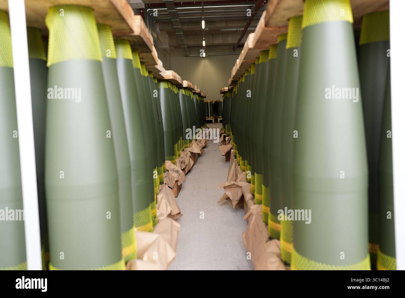 22 July 2025, Lower Saxony, Unterlüß: Artillery shells of 155 mm ...