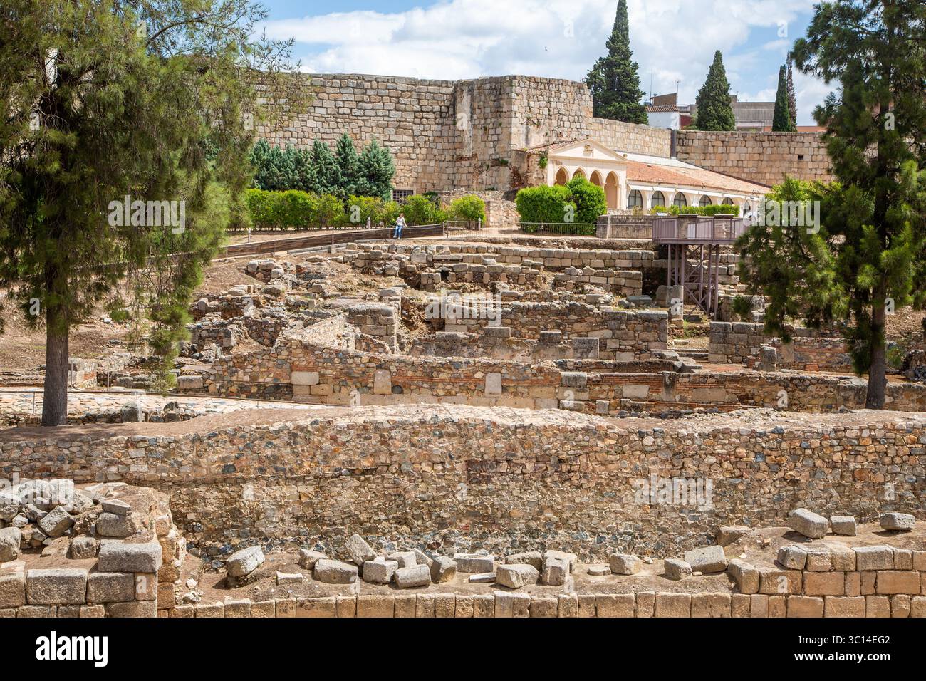 The image shows the Alcazaba of Mérida, an ancient Islamic fortress ...