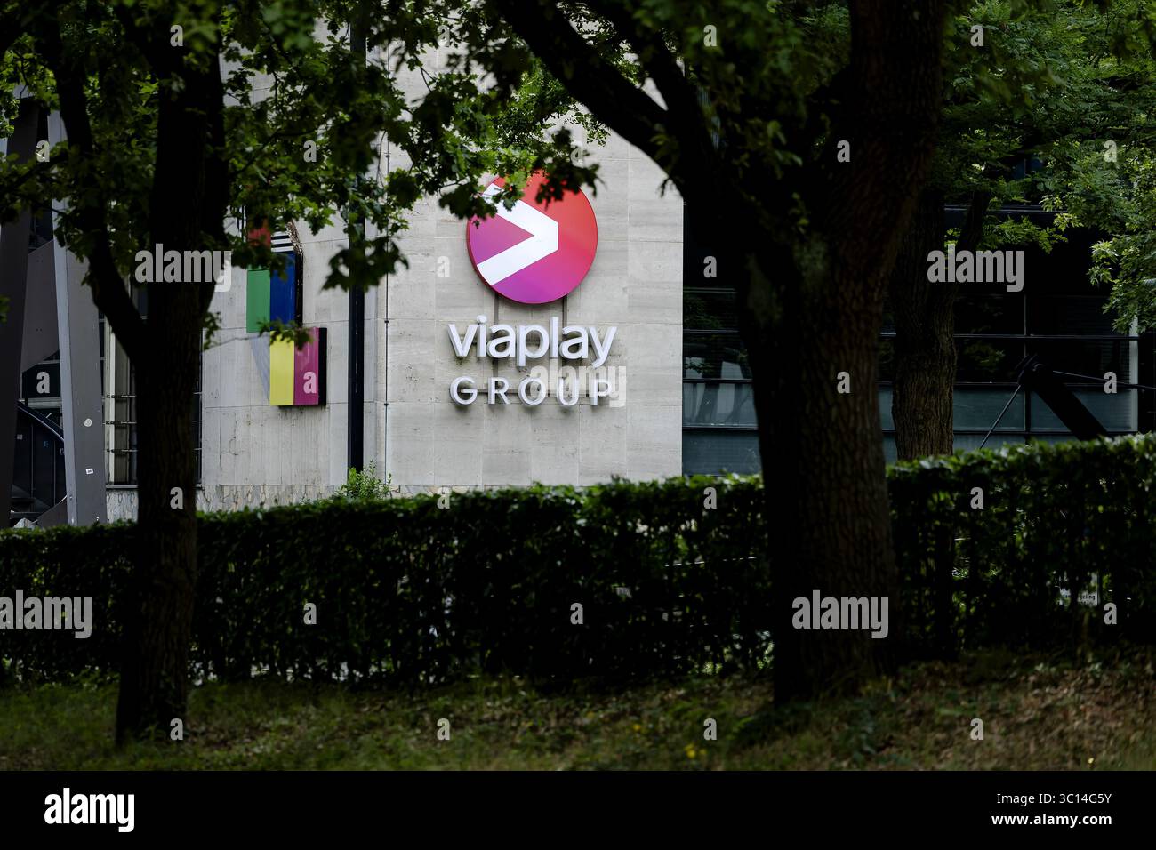 HILVERSUM - Logo of Viaplay Group at the Media Park. Dutch broadcasters ...