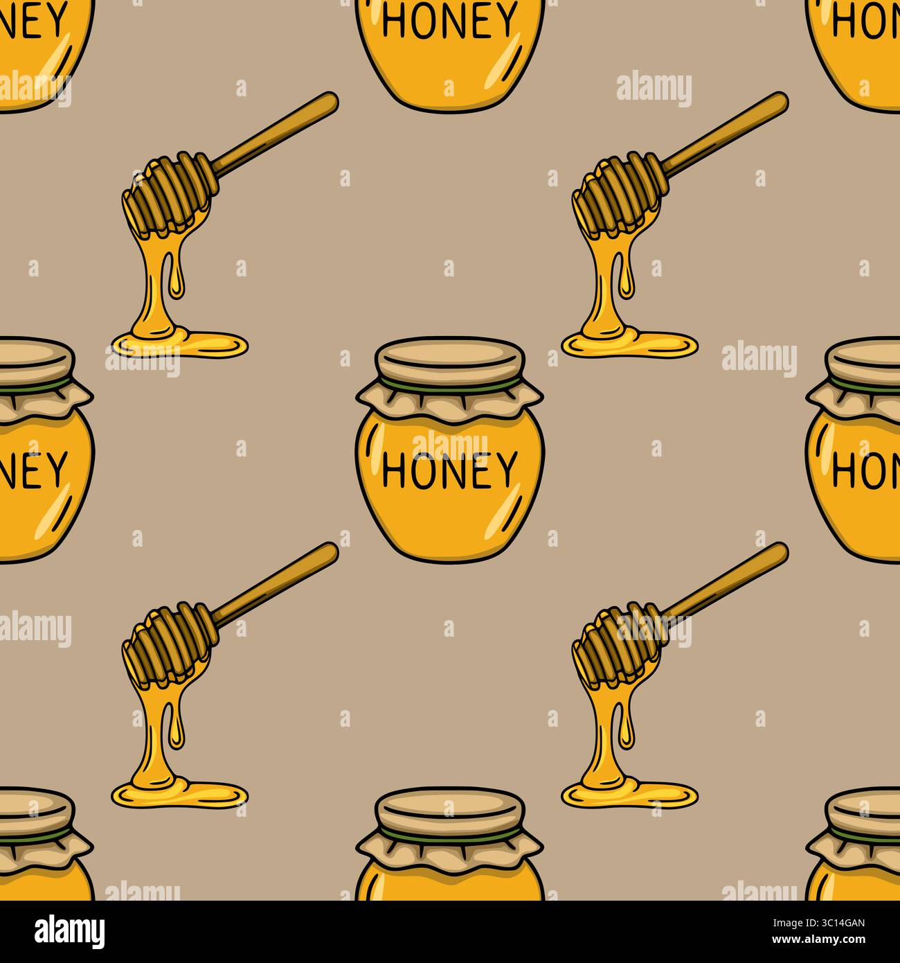 Seamless vector pattern with honey jars and honey dippers, featuring a ...