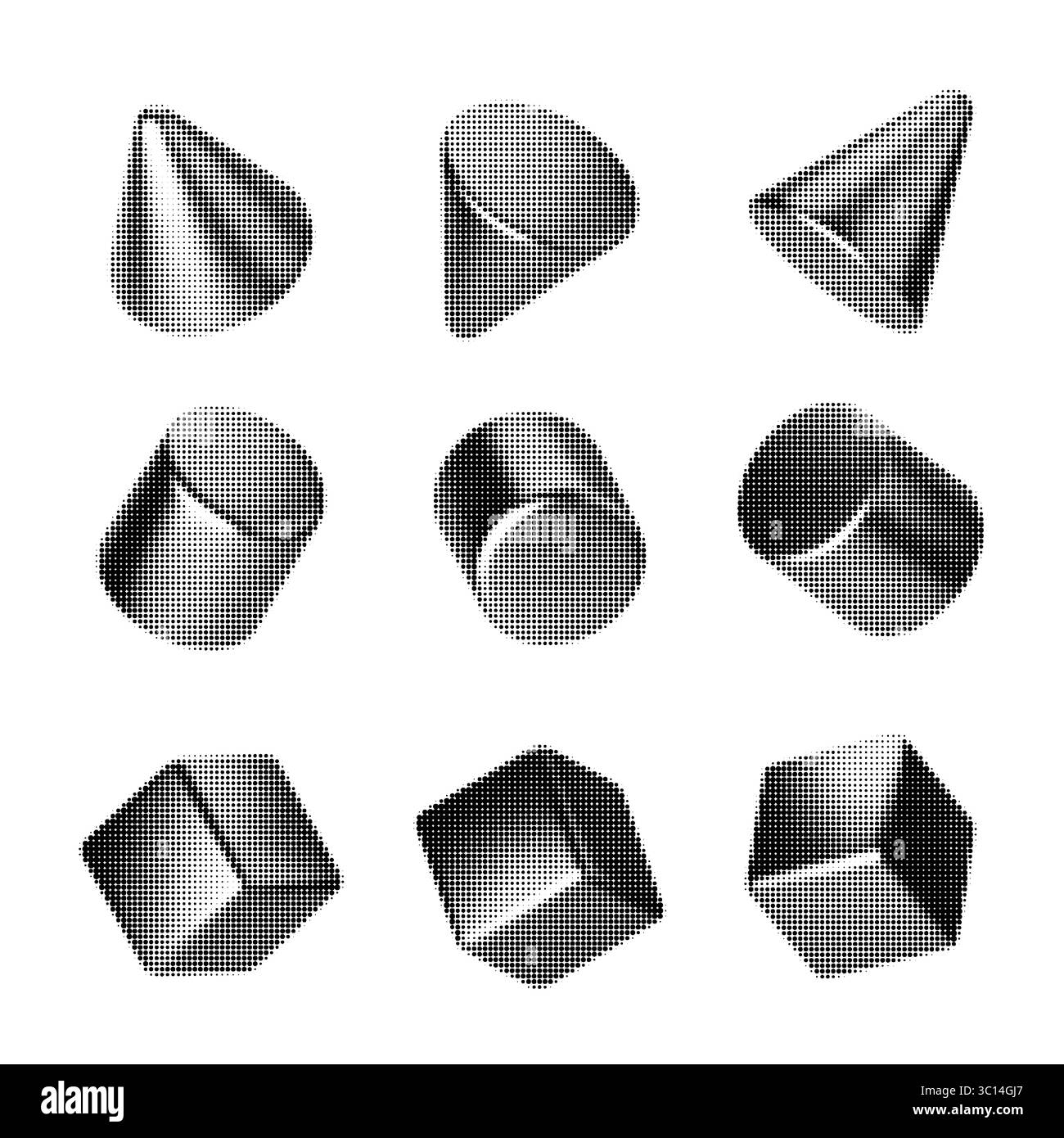 Halftone 3D geometric shapes vector illustration, featuring cones ...