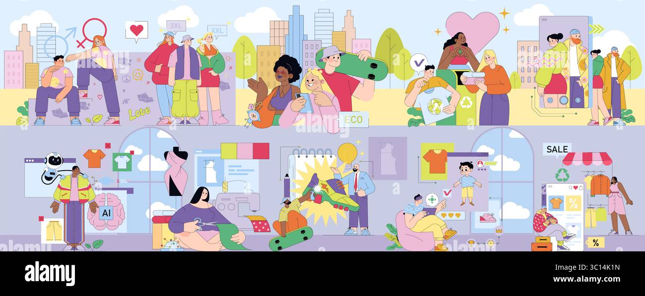 Diverse group of characters in a colorful fashion and sustainability ...