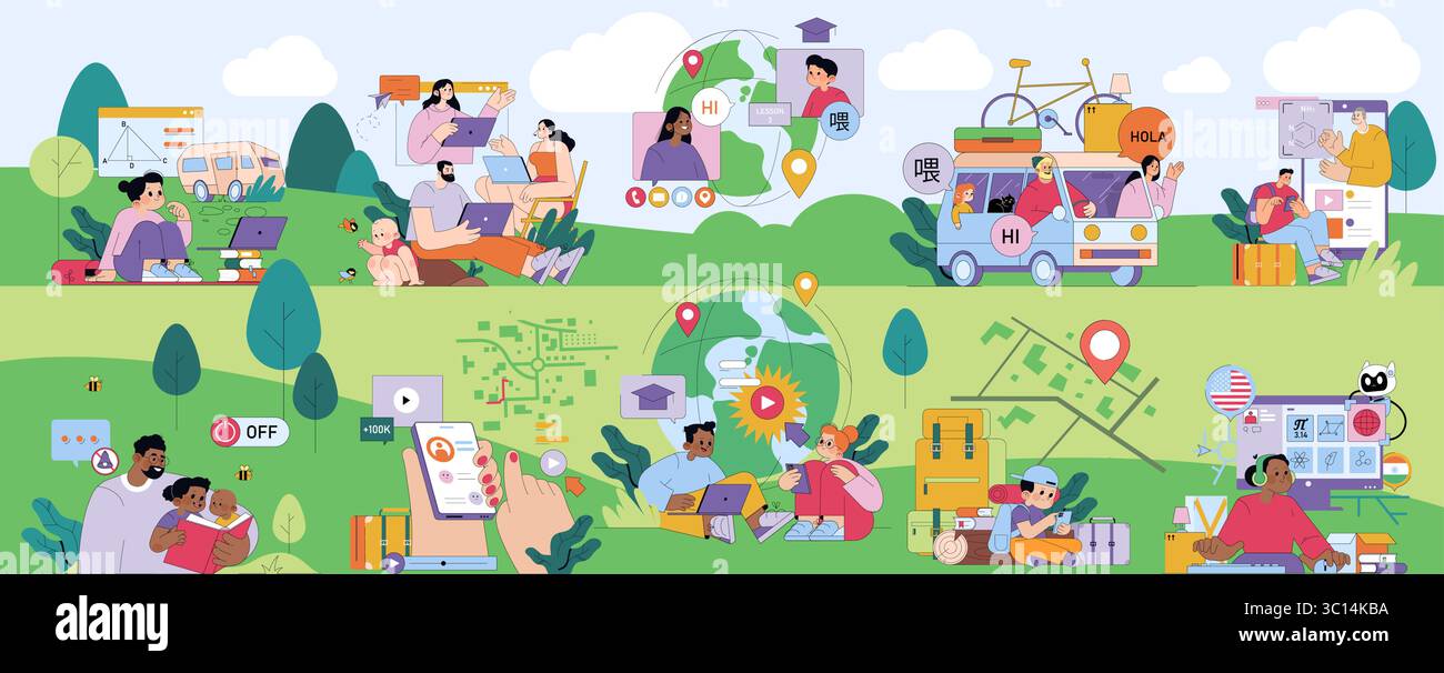 Vibrant illustration depicting online learning, digital communication ...