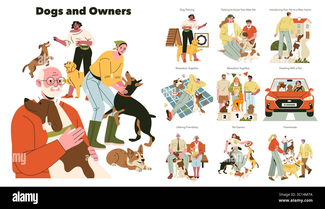 Vector illustration showcasing the bond between dogs and their owners ...