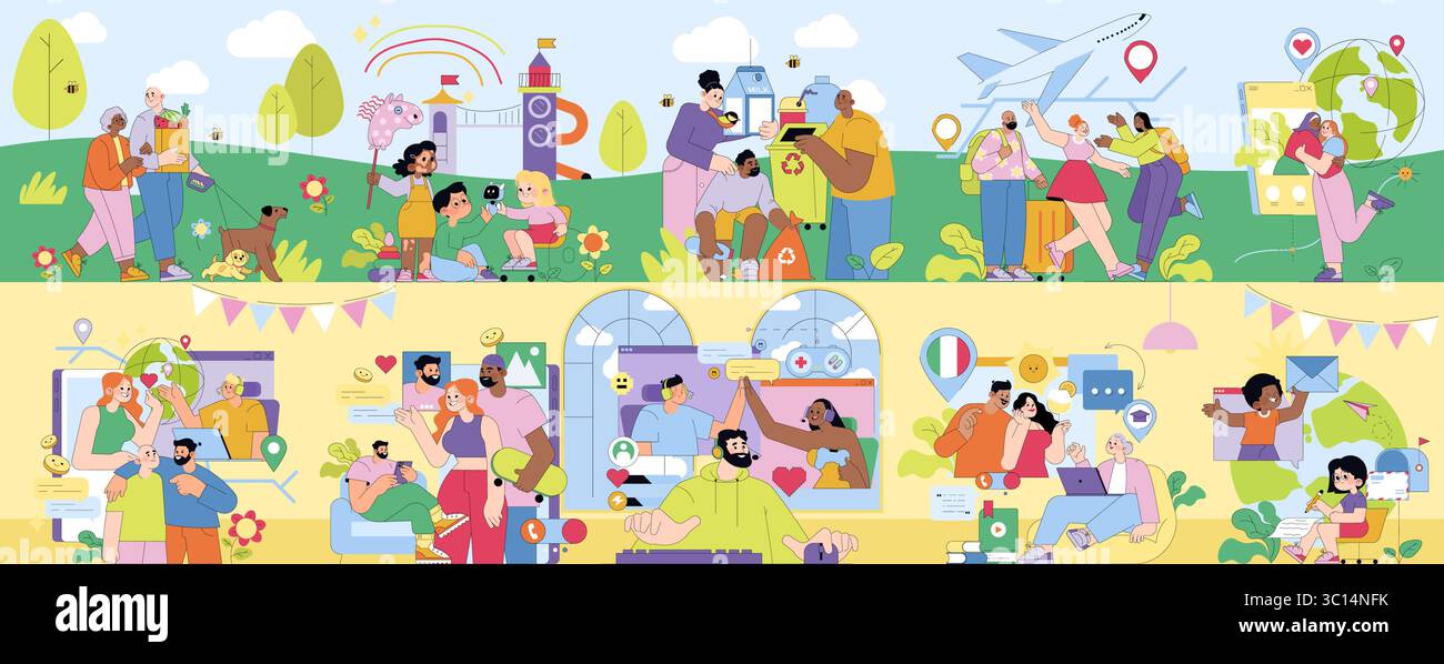 Vector illustration depicting diverse people engaged in various ...