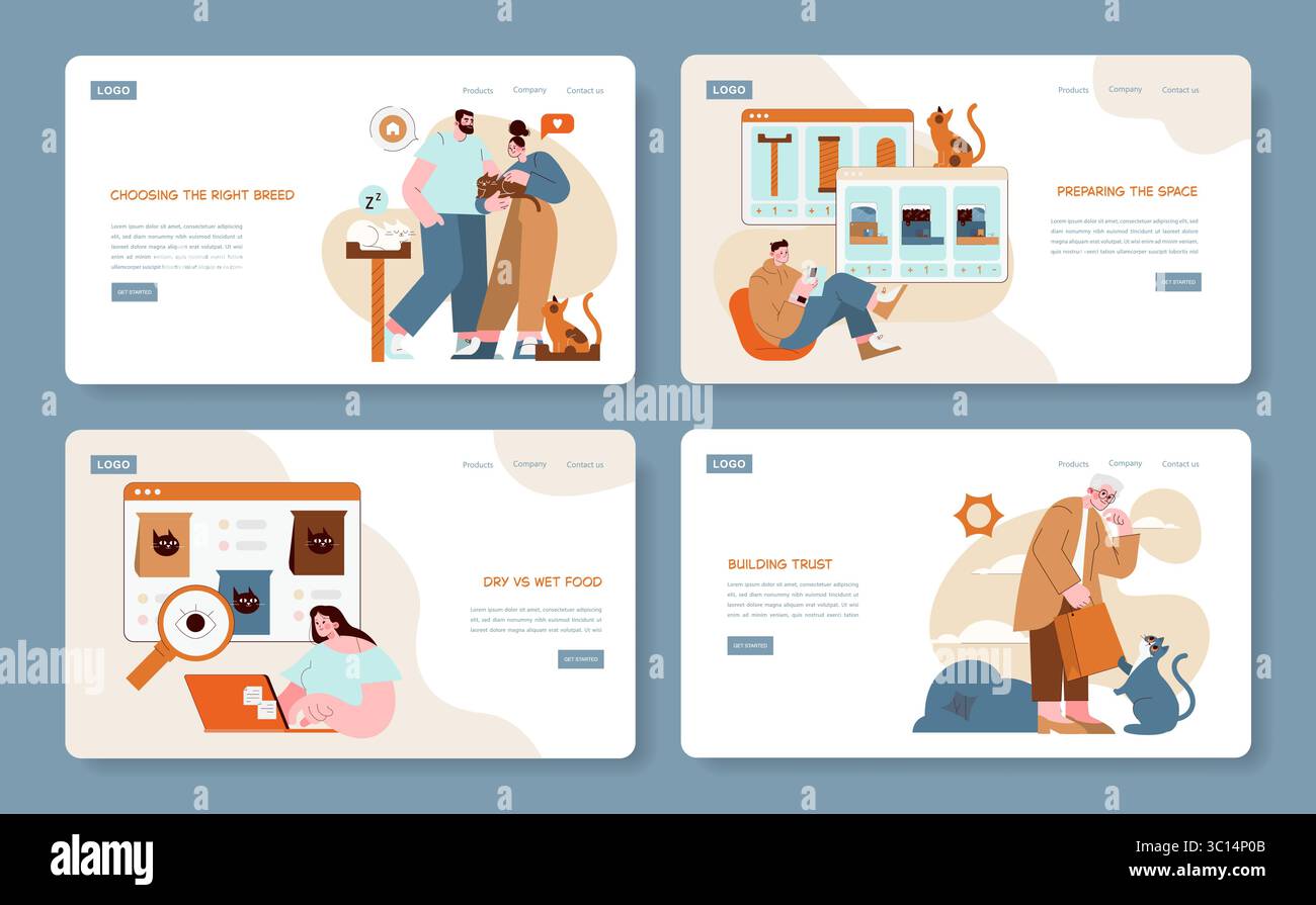 Vector illustration series depicting steps in cat ownership and care ...