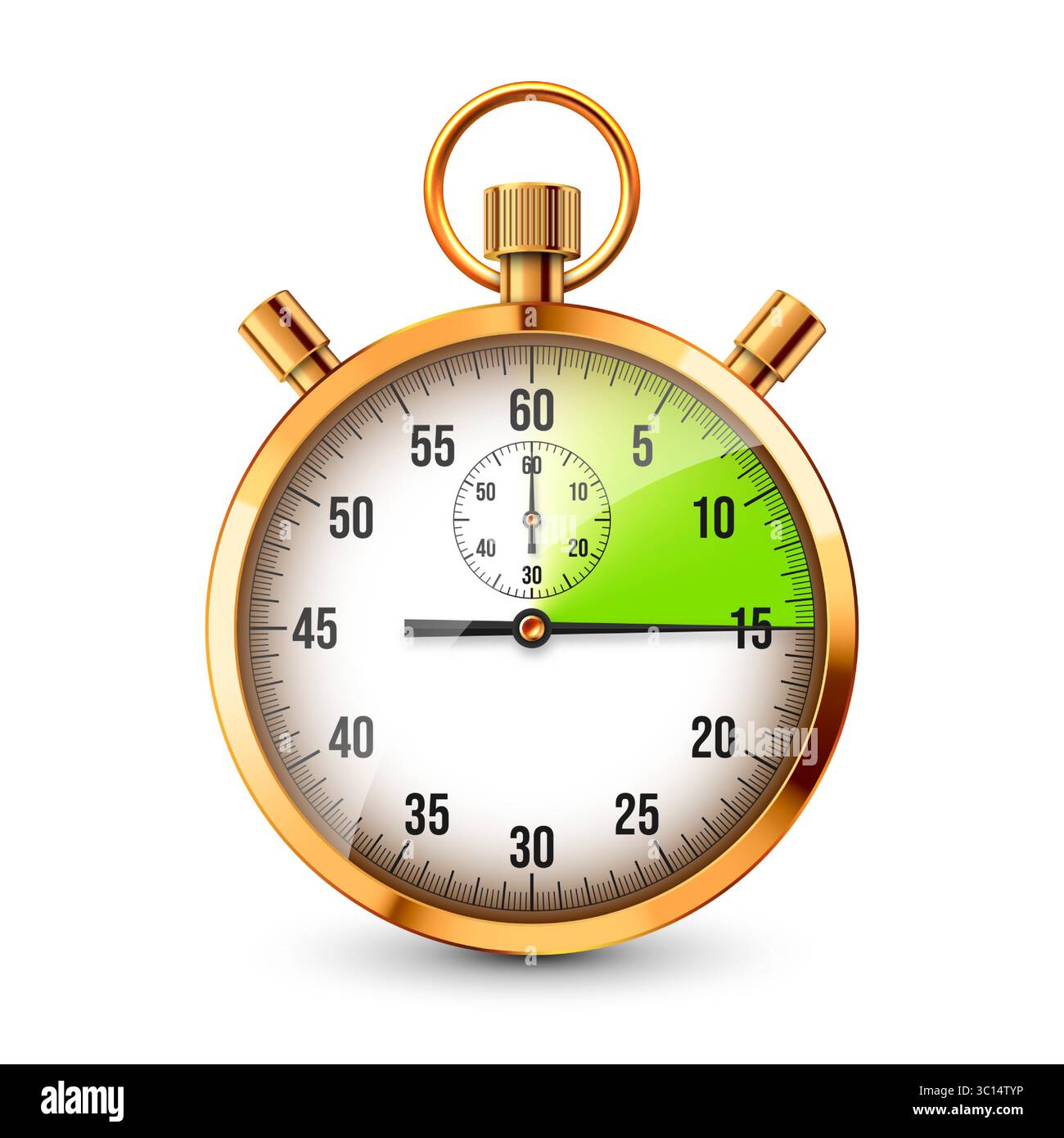 Realistic classic stopwatch. Shiny golden metal chronometer, time counter with dial. Green ...