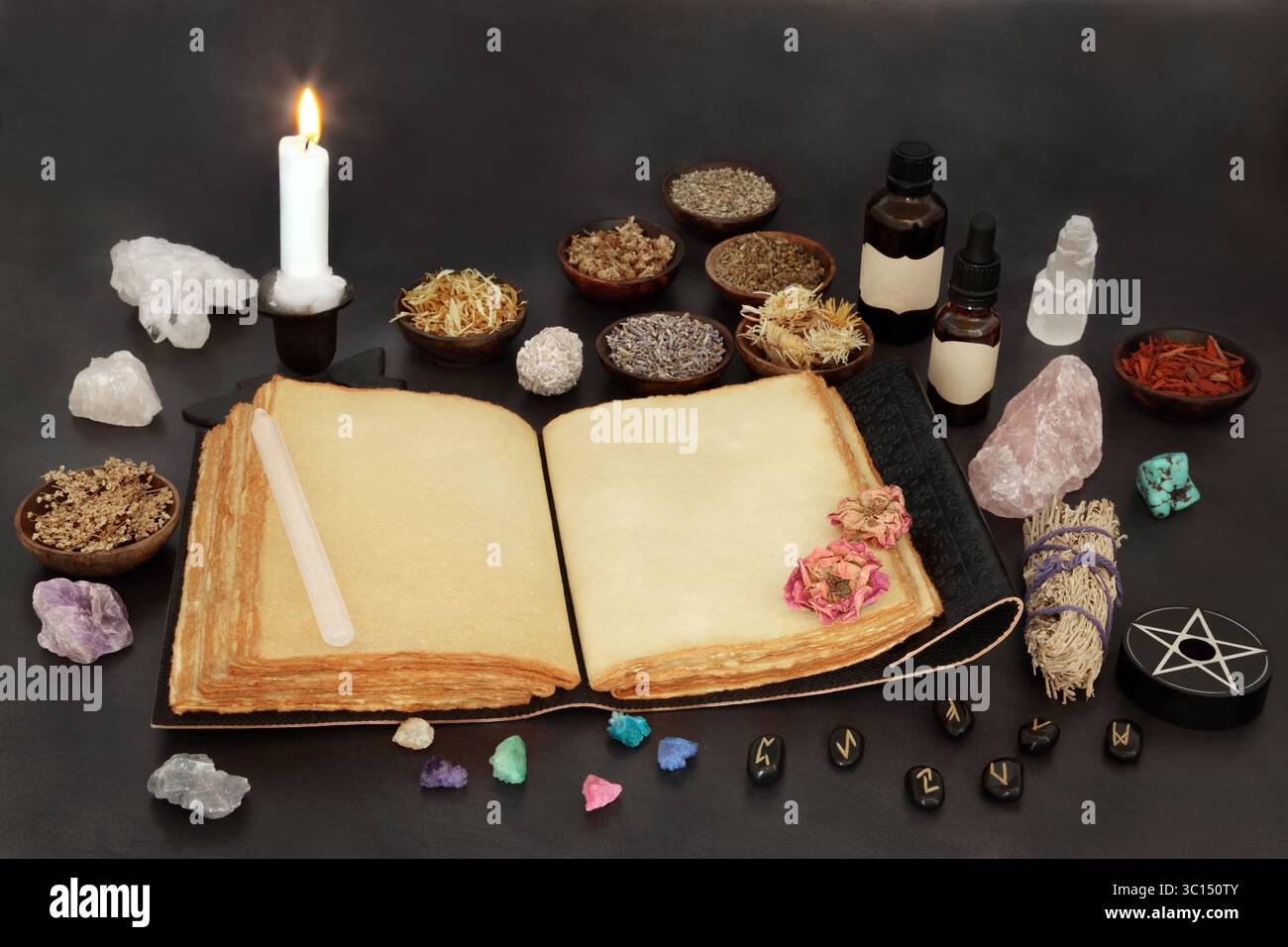 Witchcraft concept with magical equipment, book of spells, oils, herbs ...